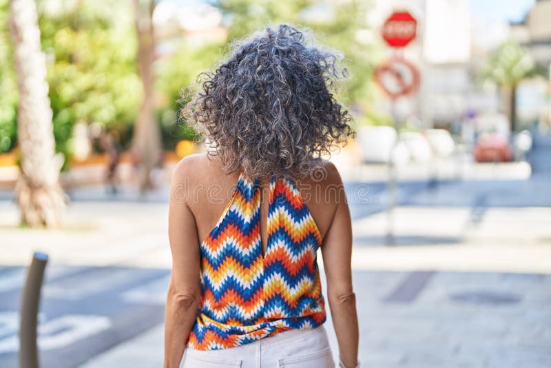 Middle Age Grey-haired Woman Standing on Back View at Street Stock ...