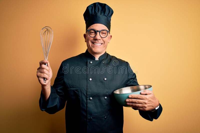 Middle Age Handsome Grey-haired Chef Man Wearing Cooker Uniform and Hat ...