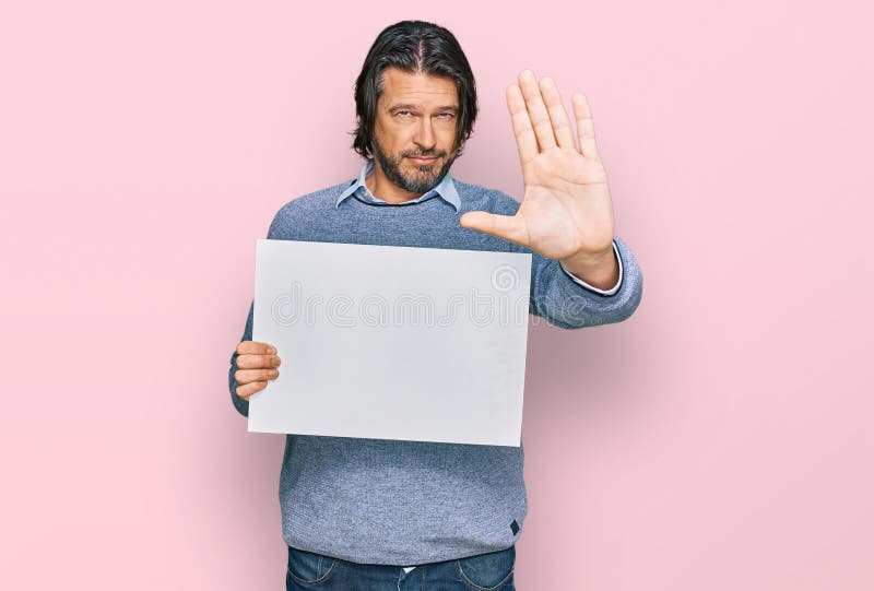 Middle Age Handsome Man Holding Blank Empty Banner with Open Hand Doing ...