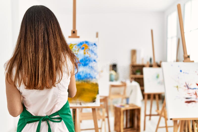 Middle Age Hispanic Woman on Back View Drawing at Art Studio Stock ...