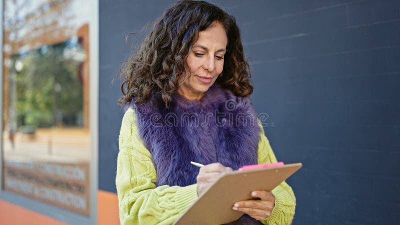 Middle Age Hispanic Woman Writing on Clipboard with Serious Expression ...