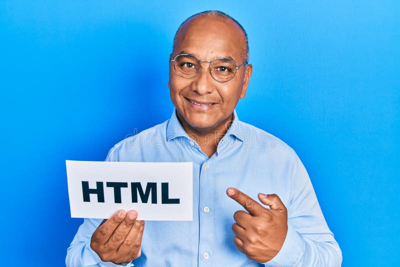 Middle Age Latin Man Holding Html Paper Message Smiling Happy Pointing ...