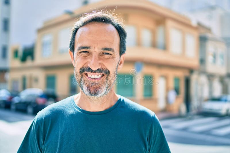 Middle Age Man with Beard Smiling Happy Outdoors Stock Photo - Image of ...