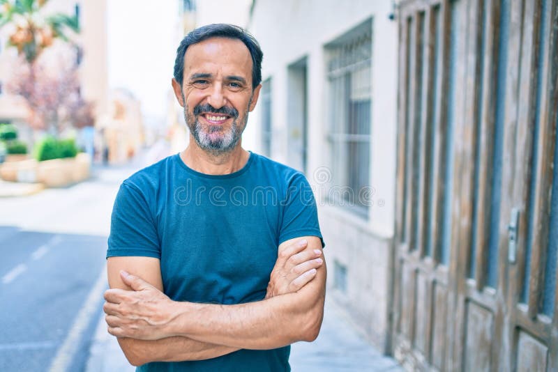 Middle Age Man with Beard Smiling Happy Outdoors Stock Photo - Image of ...