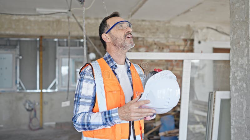 Middle Age Man Builder Tired Using Hardhat As a Hand Fan at ...