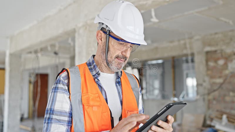 Middle Age Man Builder Using Touchpad at Construction Site Stock Photo ...
