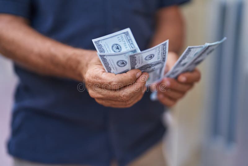 Middle Age Man Counting Dollars at Street Stock Image - Image of vision ...