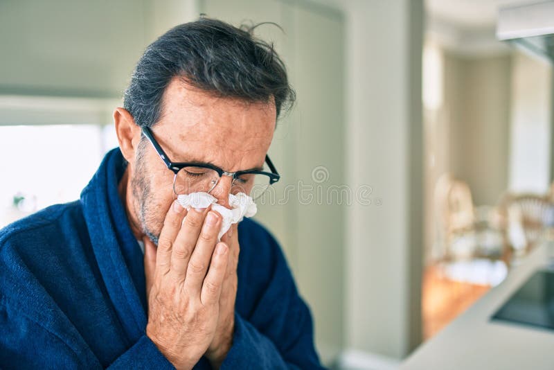 Middle Age Man Feeling Sick with Cold and Fever at Home, Ill with Flu ...