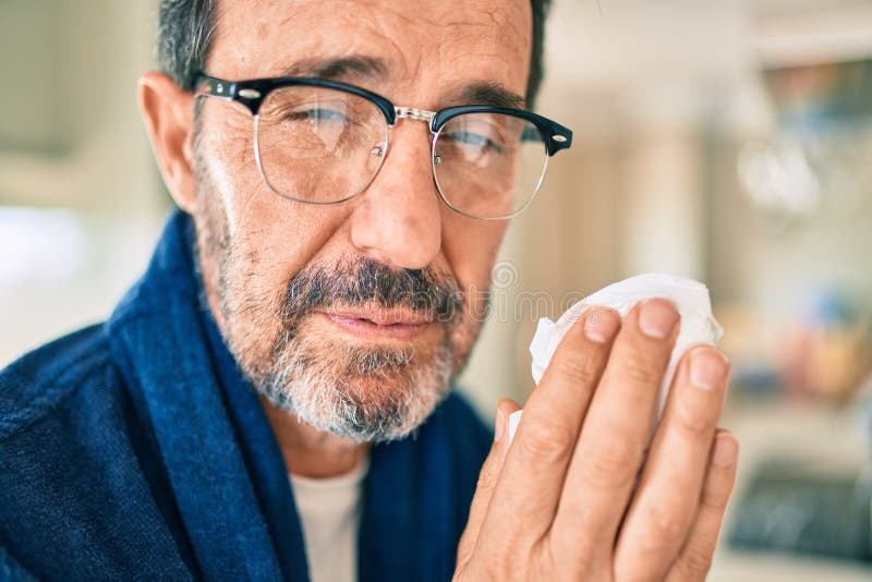 Middle Age Man Feeling Sick with Cold and Fever at Home, Ill with Flu ...