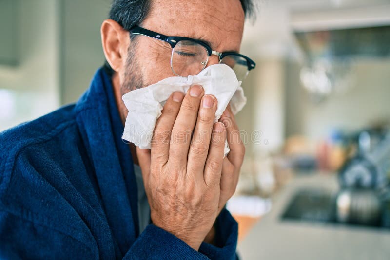 Middle Age Man Feeling Sick with Cold and Fever at Home, Ill with Flu ...