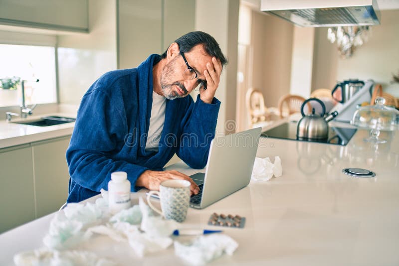 Middle Age Man Feeling Sick with Cold and Fever at Home, Ill with Flu ...