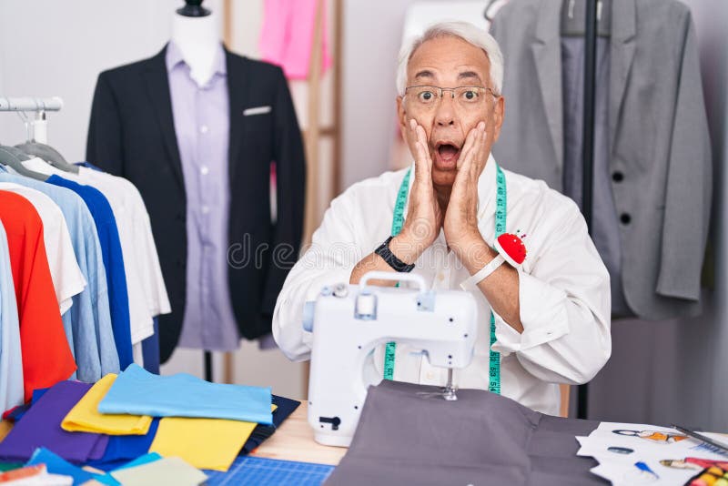 Middle Age Man with Grey Hair Dressmaker Using Sewing Machine Afraid ...