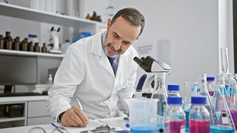 Middle Age Man with Grey Hair Scientist Using Microscope Writing on ...
