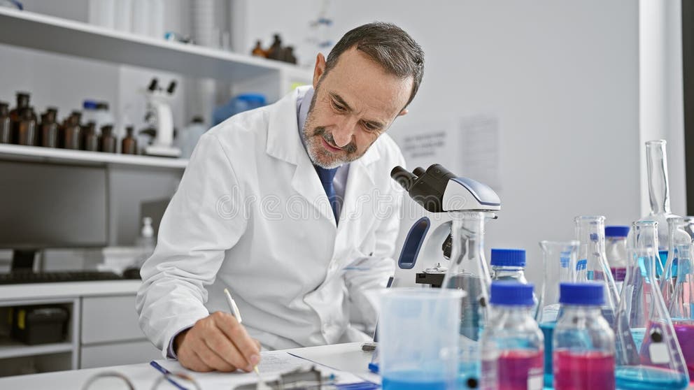 Middle Age Man with Grey Hair Scientist Using Microscope Writing on ...