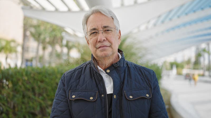 Middle Age Man with Grey Hair Standing with Serious Expression at Park ...