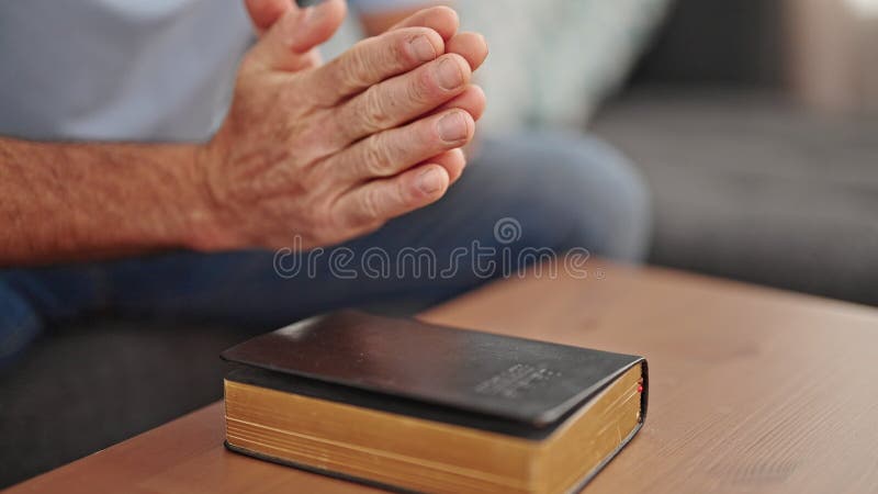 Middle Age Man Praying with Hands Together at Home Stock Footage ...