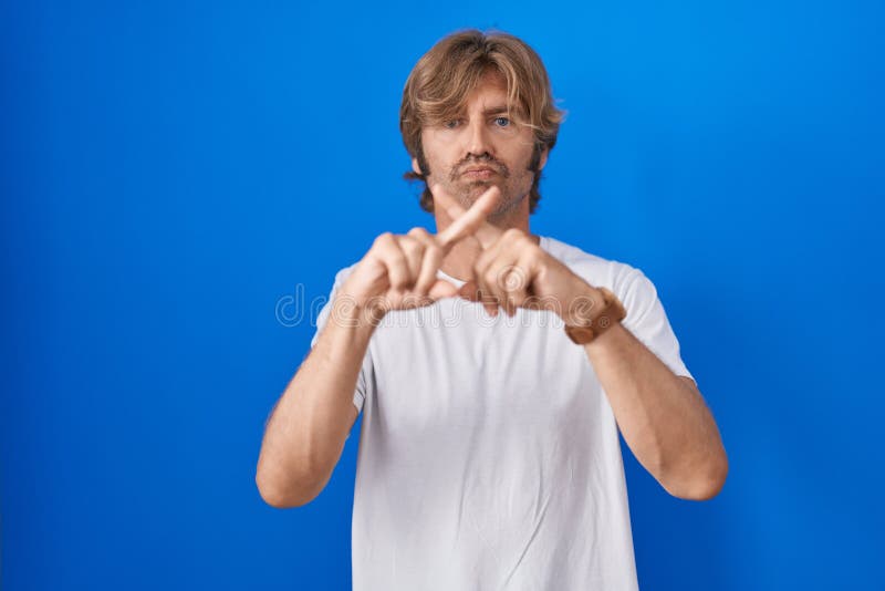 Middle Age Man Standing Over Blue Background Rejection Expression ...