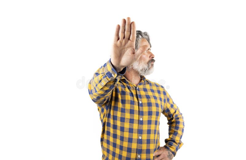 Middle Age Man Wearing Casual Clothes Makes a Stop Gesture with Sad and ...