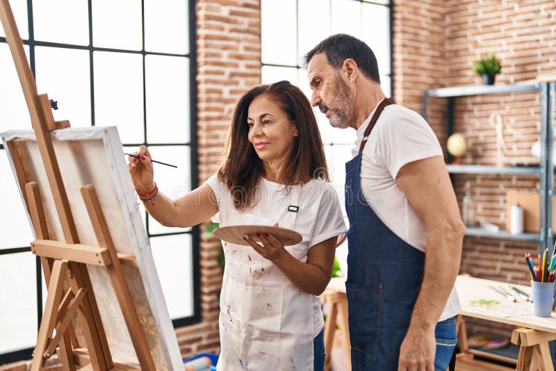 Middle Age Man and Woman Artists Drawing at Art Studio Stock Image ...