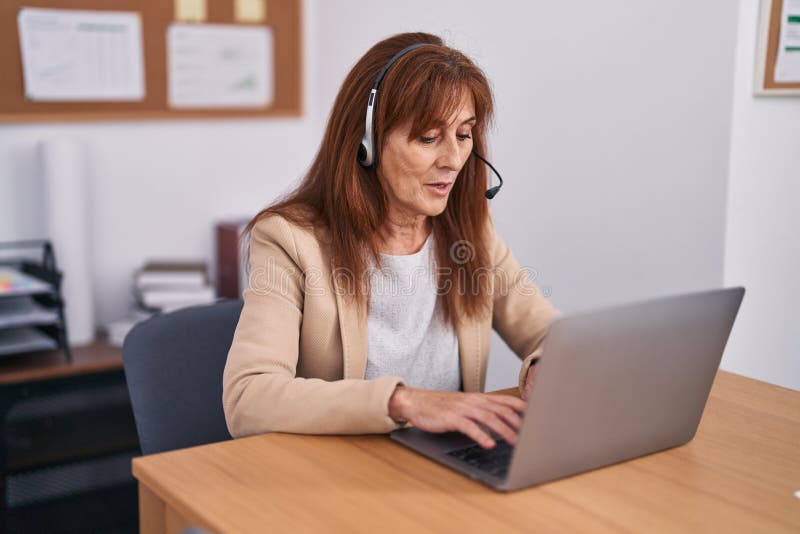 Middle Age Woman Call Center Agent Working at Office Stock Photo ...