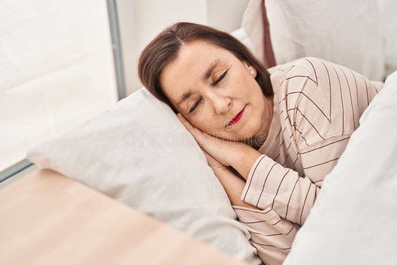 Middle Age Woman Lying on Bed Sleeping at Bedroom Stock Image - Image ...