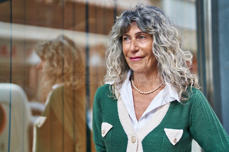 Middle Age Woman Smiling Confident Standing at Street Stock Photo ...