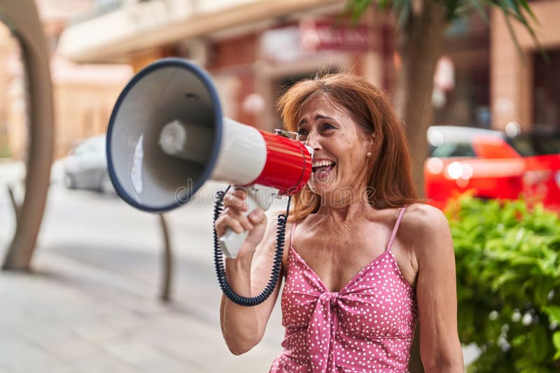 Middle Age Woman Using Megaphone Screaming at Street Stock Image ...