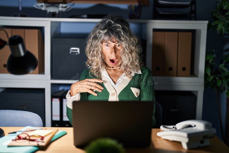 Middle Age Woman Working at Night Using Computer Laptop in Shock Face ...