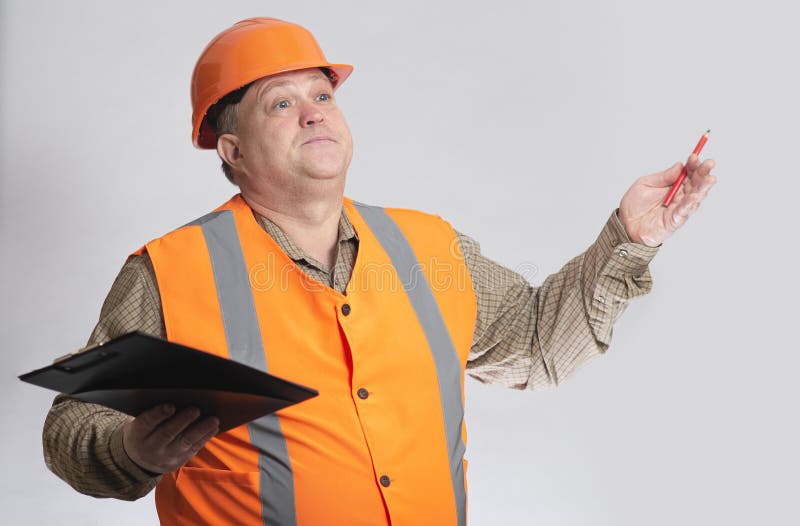 Cheerful Fat Construction Worker with Belly in Hard Hat on Studio ...