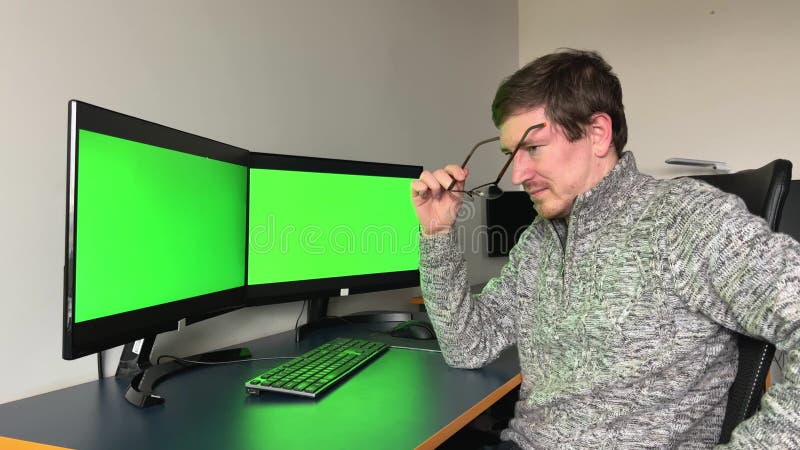 Middle Aged with Glasses and Red Beard Specialist Working on Desktop ...