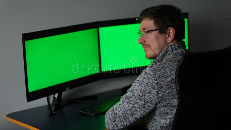 Middle Aged with Glasses and Red Beard Specialist Working on Desktop ...