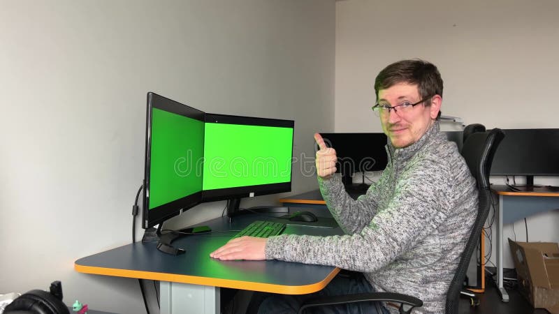 Middle Aged with Glasses and Red Beard Specialist Working on Desktop ...