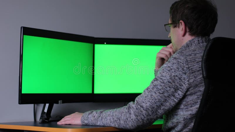 Middle Aged with Glasses and Red Beard Specialist Working on Desktop ...