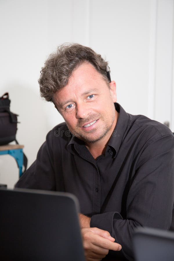 Middle Aged Handsome Man House Interior Sitting at Home Office Computer ...