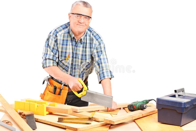 Middle Aged Male Carpenter Working in a Workshop Stock Photo - Image of ...