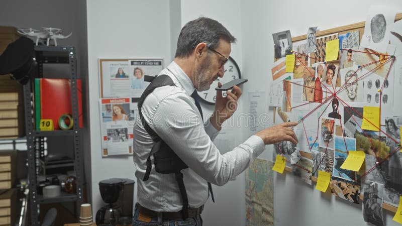 A Middle-aged Man Analyzing Evidence on a Pinboard in an Indoor ...