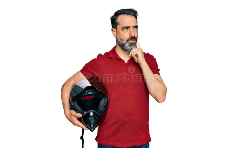 Middle Aged Man with Beard Holding Motorcycle Helmet Serious Face ...