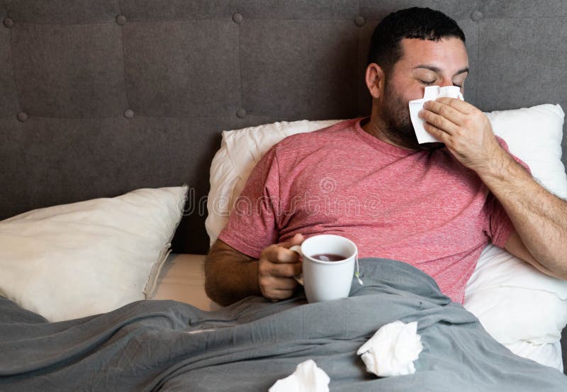 Middle-aged Man in Bed Sick with Flu Symptoms Stock Image - Image of ...