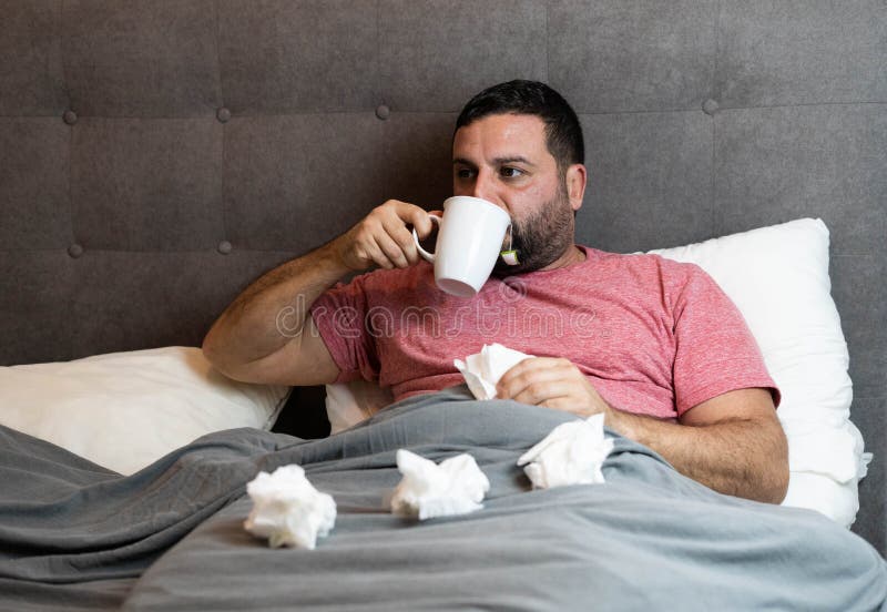 Middle-aged Man in Bed Sick with Flu Symptoms Stock Photo - Image of ...