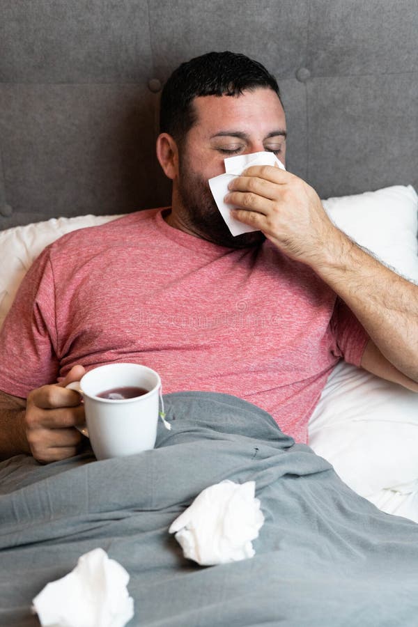Middle-aged Man in Bed Sick with Flu Symptoms Stock Image - Image of ...