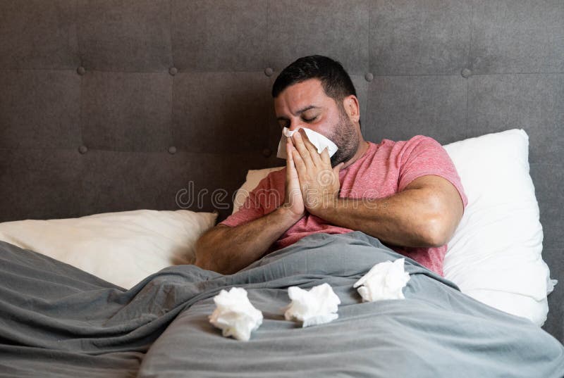 Middle-aged Man in Bed Sick with Flu Symptoms Stock Image - Image of ...