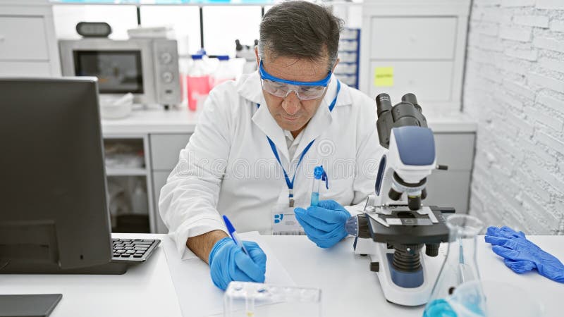 A Middle-aged Man Conducting Research in a Laboratory, Examining ...