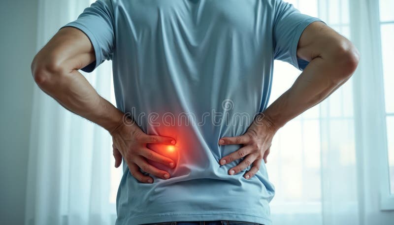 Middle-aged Man Experiences Back Pain. Hands on Lower Back, Red Spot ...