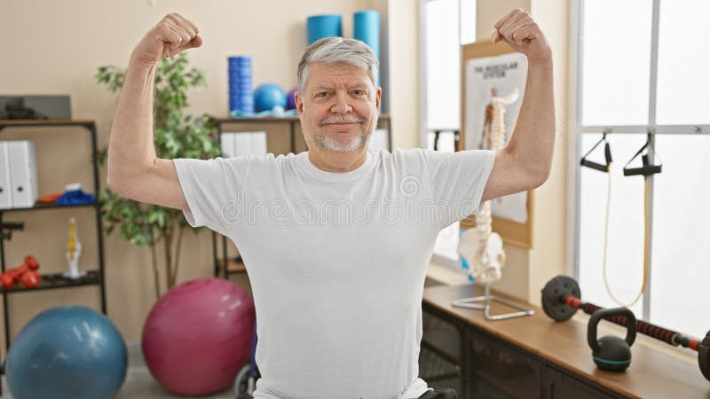 Middle-aged Man Flexing Muscles Confidently in a Well-equipped ...