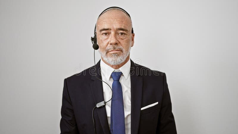 Middle-aged Man with Grey Beard in Suit and Headset Against White ...