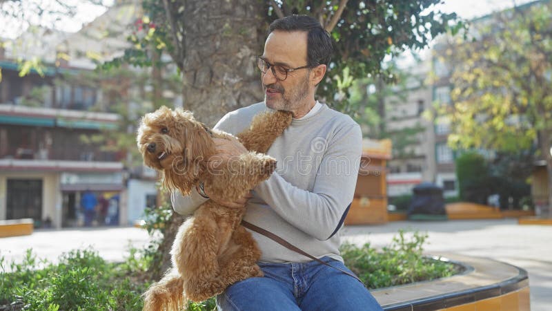 A Middle-aged Man Holds His Poodle Dog Affectionately in a Sunny Urban ...