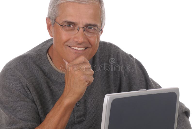 Middle Aged Man and Laptop stock image. Image of smile - 14375367