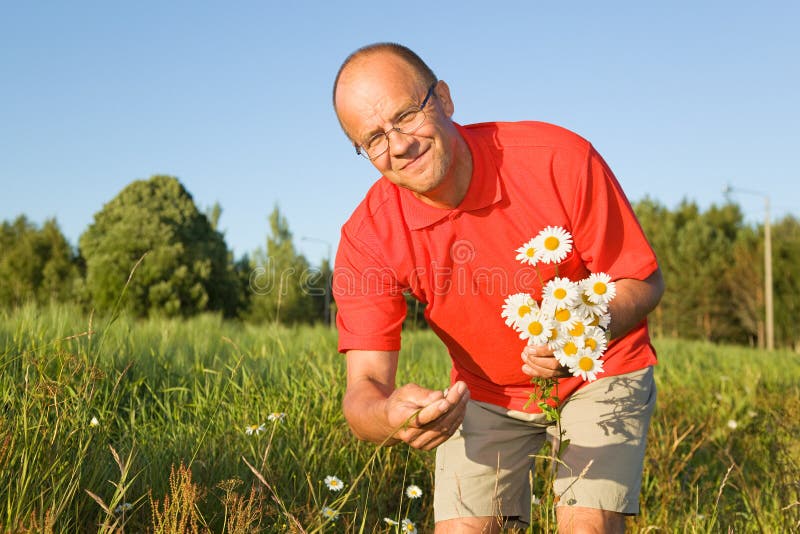 Middle-aged Man Picking Up Flowers Stock Image - Image of bald, middle ...
