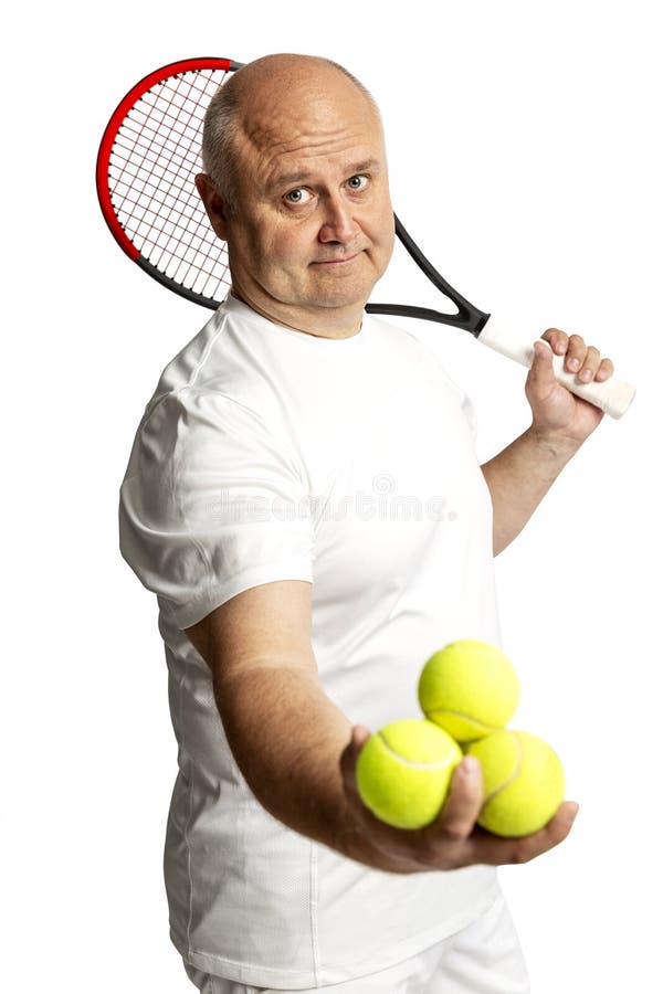 Middle Aged Man with Racket and Tennis Balls. Isolated on a White ...
