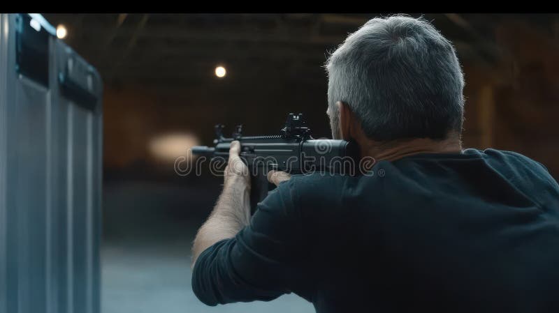 Middle-aged Man Practicing Shooting at an Indoor Range Stock Image ...